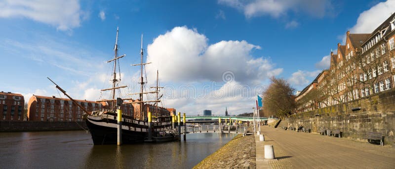 Panoramic Image with Sailing Ship Stock Image - Image of shore ...