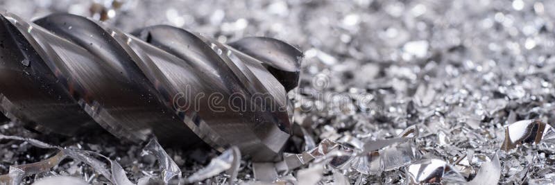 Panoramic Image. Silver End Mill Cutter with Metal Shavings Stock Photo ...