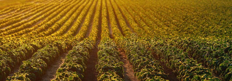 Panoramic Image of Soybean Crops Field in Summer Sunset Stock Photo ...