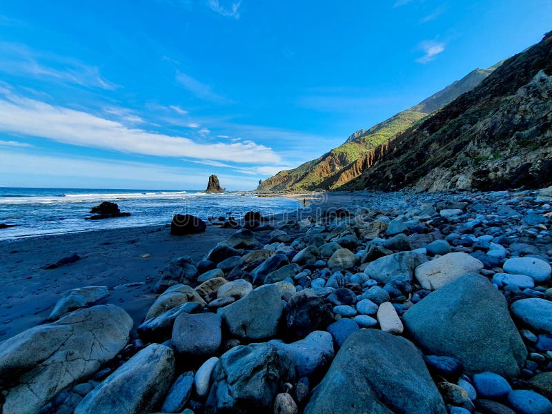 Panoramic of an Impressive Remote Beach with Mountains and Sharp Rocks ...