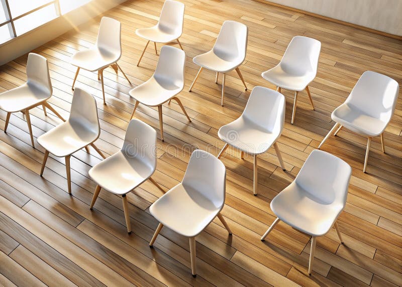 Panoramic Interior Design Mockup Featuring Modern White Plastic Chairs ...