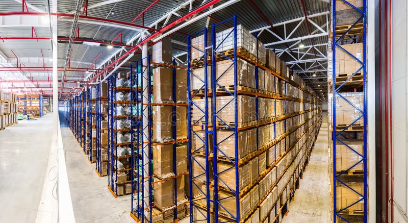 Panoramic Interior Large Modern Storehouse with Some Goods Stock Image ...