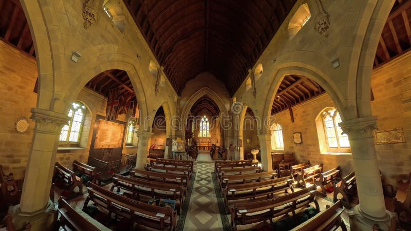 Panoramic Interior View of an English Church Illuminated by the Warm ...