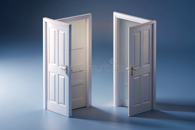 Panoramic Isometric View of White Doors Open and Closed Positions ...