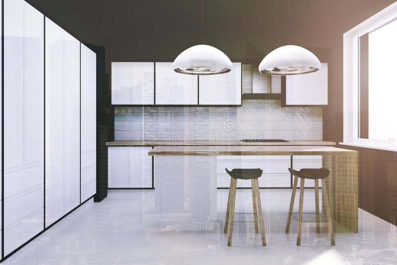 Panoramic Kitchen with a Bar and Countertops Toned Stock Illustration ...