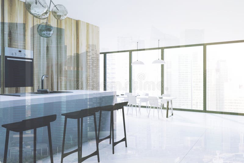 Panoramic Kitchen and Dining Room Toned Stock Illustration ...