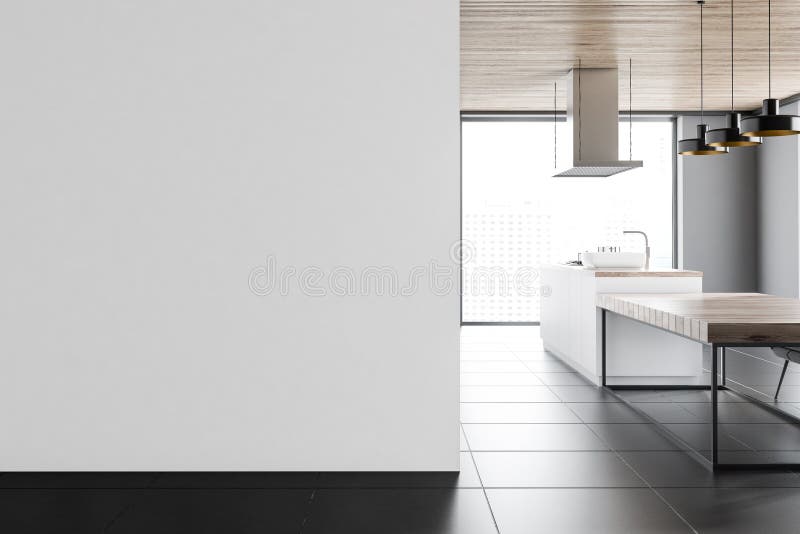 White Panoramic Kitchen and Dining Room, Wall Stock Illustration ...