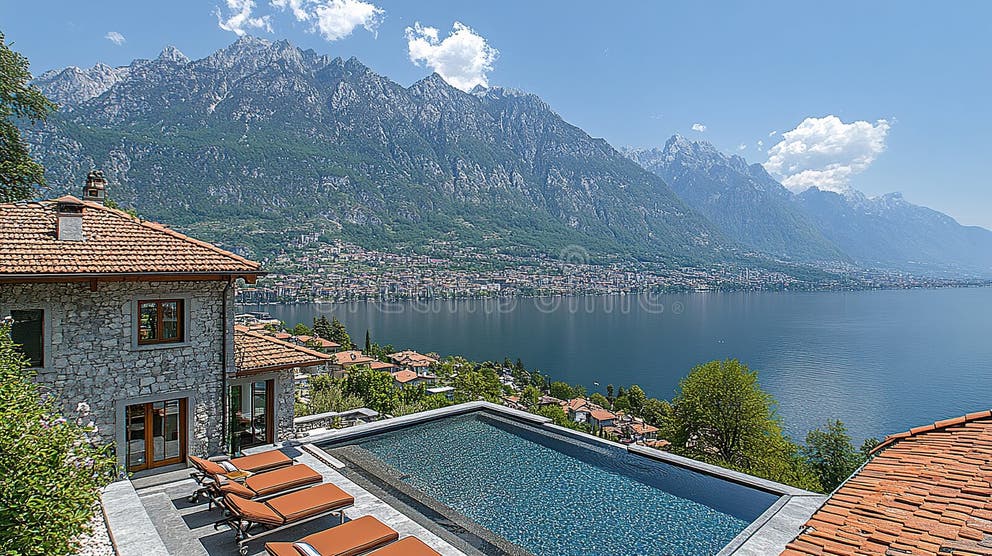Panoramic Lake House Pool with Mountain View Stock Illustration ...