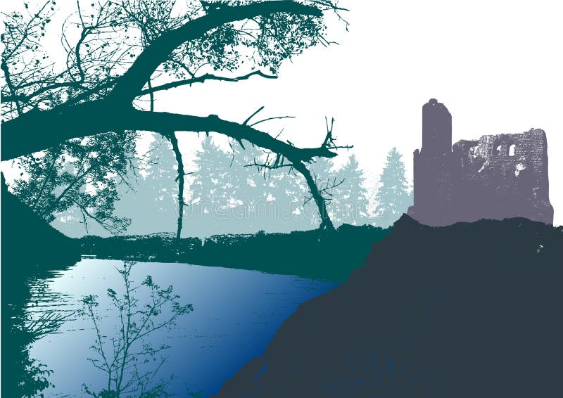 Panoramic Landscape with Castle, River and Silhouettes of Trees Stock ...