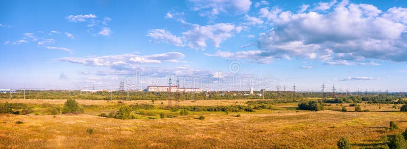 Panoramic Landscape with Fields, Industrial Zone and High Voltage Power ...