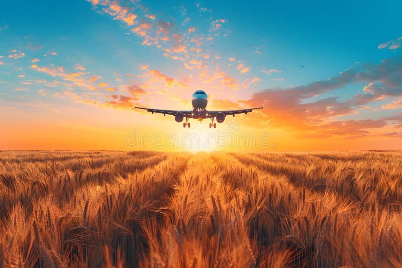 Panoramic Landscape with Fields and Plane Flying in Clouds. Spring and ...
