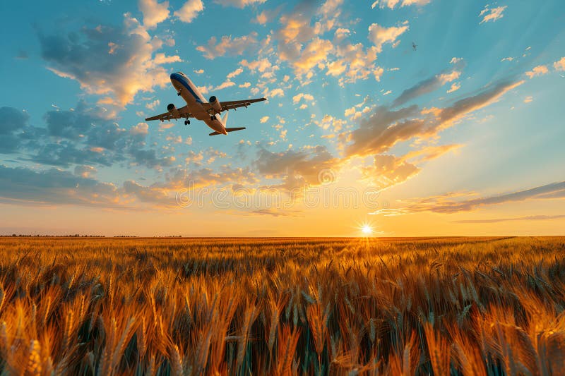 Panoramic Landscape with Fields and Plane Flying in Clouds. Spring and ...