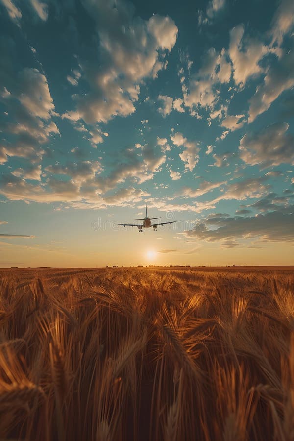 Panoramic Landscape with Fields and Plane Flying in Clouds. Spring and ...