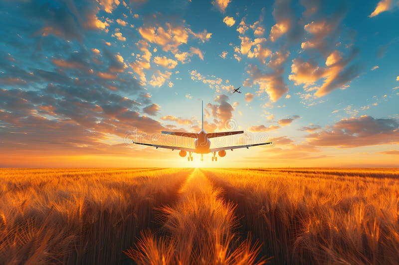 Panoramic Landscape with Fields and Plane Flying in Clouds. Spring and ...