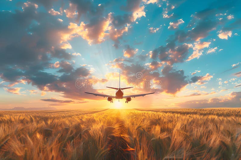 Panoramic Landscape with Fields and Plane Flying in Clouds. Spring and ...