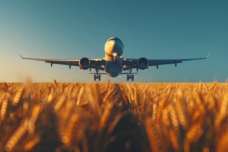 Panoramic Landscape with Fields and Plane Flying in Clouds. Spring and ...