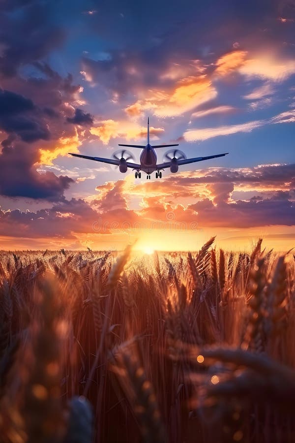 Panoramic Landscape with Fields and Plane Flying in Clouds. Spring and ...