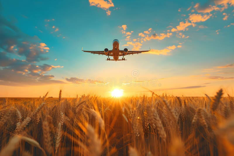 Panoramic Landscape with Fields and Plane Flying in Clouds. Spring and ...