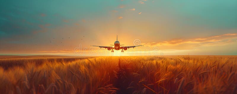 Panoramic Landscape with Fields and Plane Flying in Clouds. Spring and ...