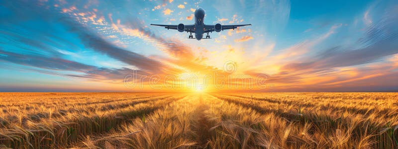 Panoramic Landscape with Fields and Plane Flying in Clouds. Spring and ...