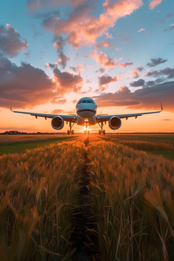 Panoramic Landscape with Fields and Plane Flying in Clouds. Spring and ...