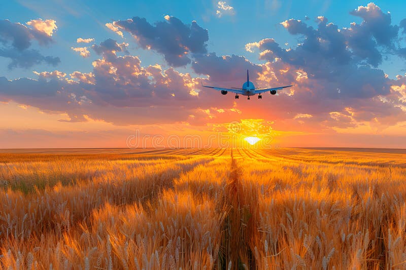 Panoramic Landscape with Fields and Plane Flying in Clouds. Spring and ...