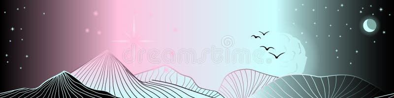 Panoramic Landscape Horizontal Banner- Mountains, Trees, Sun, Moons ...