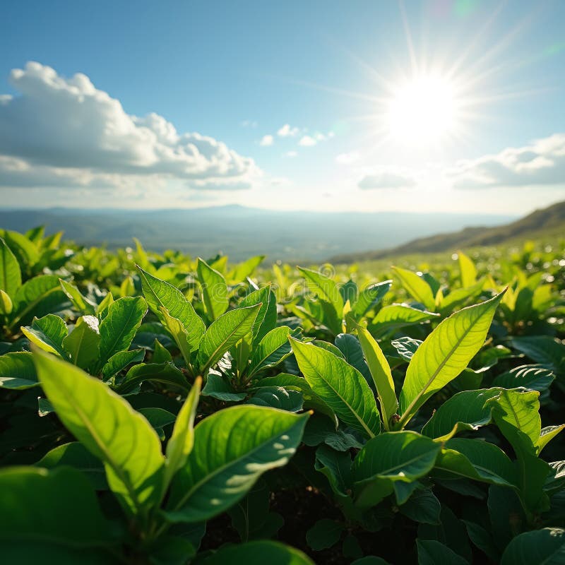 Panoramic Landscape with Large Leaves of Coffee on a Sunny Summer Day ...
