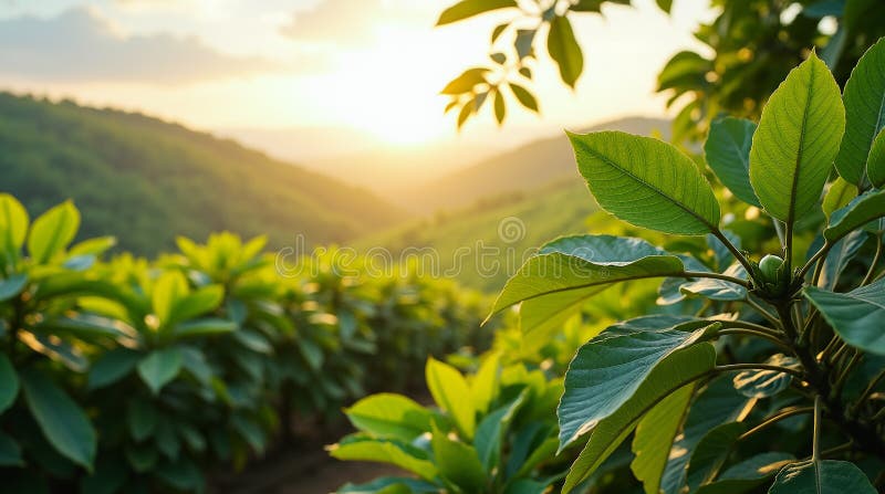 Panoramic Landscape with Large Leaves of Coffee on a Sunny Summer Day ...