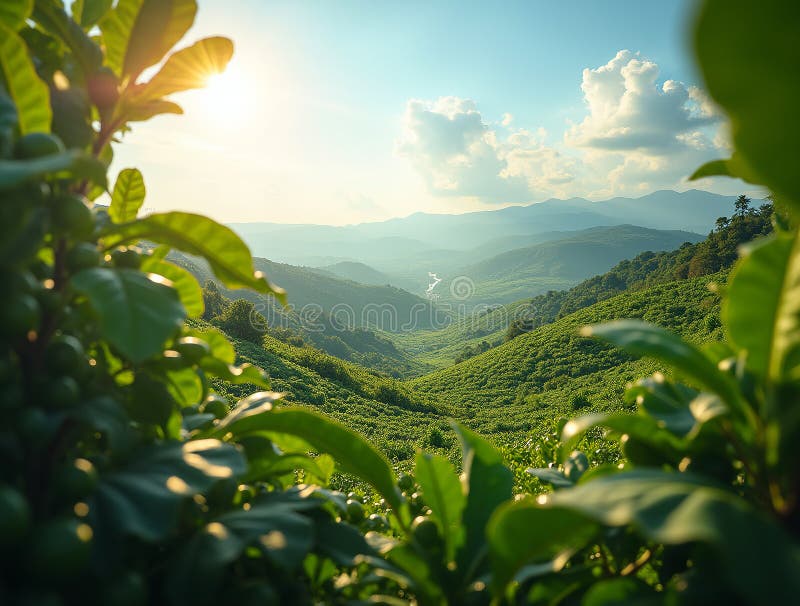 Panoramic Landscape with Large Leaves of Coffee on a Sunny Summer Day ...