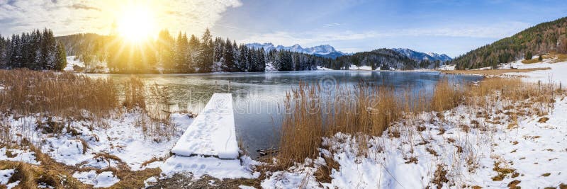 Panoramic Landscape with Mountain Range and Lake at Winter Stock Image ...