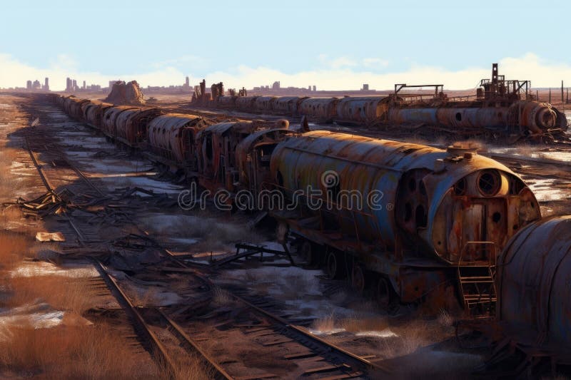 Panoramic Landscape of Vast Train Graveyard Stock Illustration ...