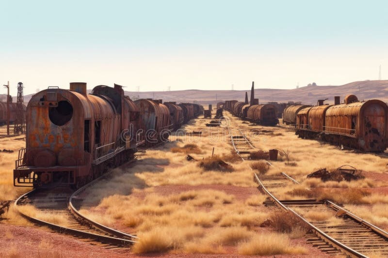 Panoramic Landscape of Vast Train Graveyard Stock Illustration ...