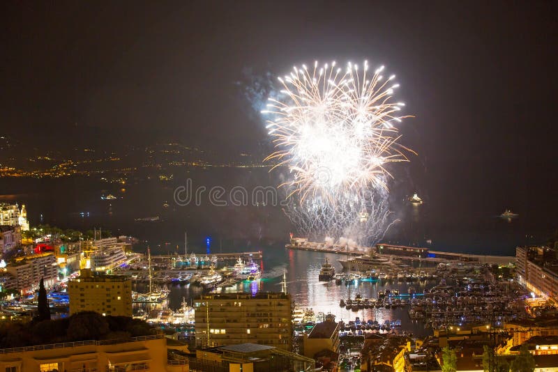 Panoramic Lovely View of Fireworks on the Principality of Monaco Stock ...