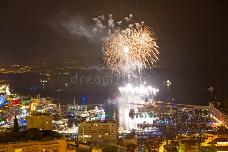 Panoramic Lovely View of Fireworks on the Principality of Monaco Stock ...