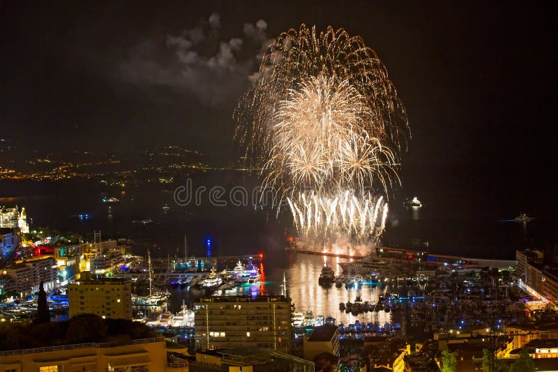 Panoramic Lovely View of Fireworks on the Principality of Monaco Stock ...