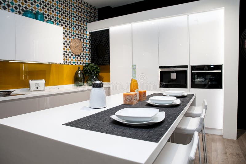 Overview of a Modern Kitchen with a Table Set for Two 2. Stock Photo ...