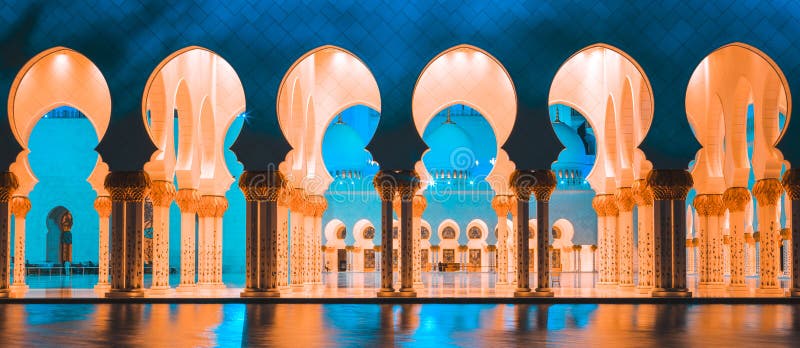 Panoramic mosque at night stock image. Image of mosque - 196351621