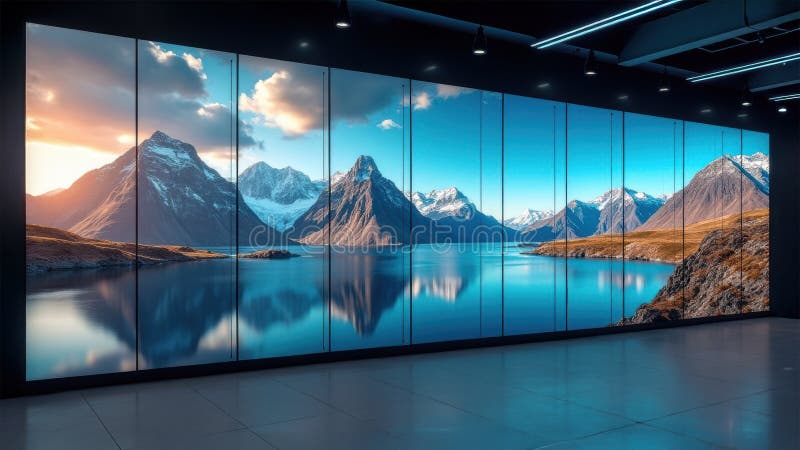 Panoramic Mountain Lake View on a Modern LED Display Wall Stock ...