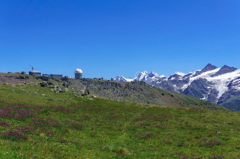 Panoramic Mountain Landscape with Alpine Meadow, Observatory in the ...