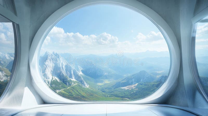Panoramic Mountain View through a Circular Window Stock Illustration ...
