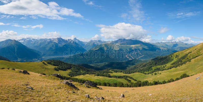 Panoramic Mountainous Idyllic View. High-resolution Panorama Composed ...