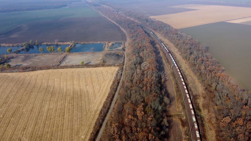 Panoramic Moving Freight Train Along Railway Tracks, Trees Agricultural ...