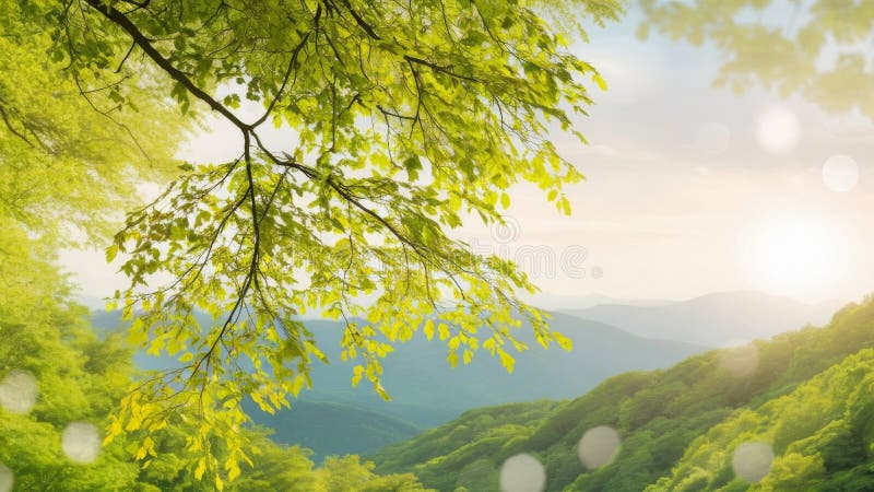 A Panoramic Nature Background with Green Beech Leaves in the Foreground ...