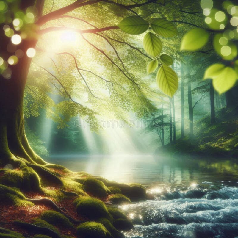 A Panoramic Nature Background with Green Beech Leaves in the Foreground ...