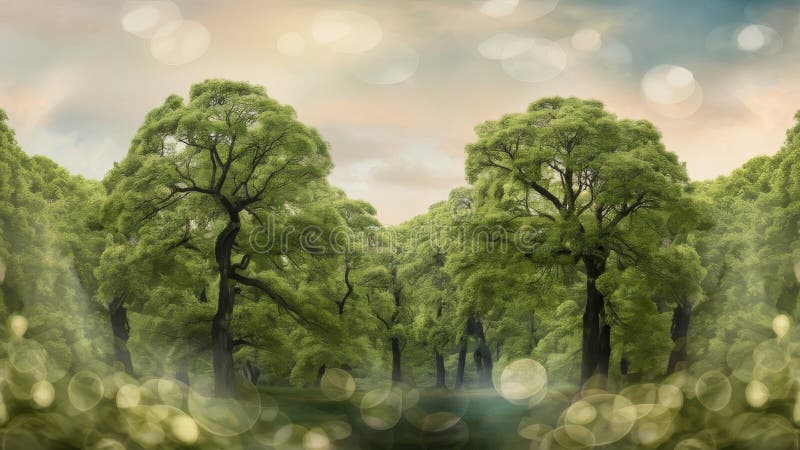 A Panoramic Nature Background with Green Beech Leaves in the Foreground ...