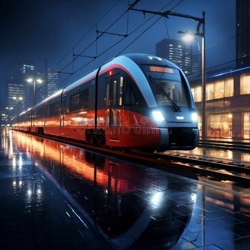 Panoramic Night Scene Platform Welcomes Modern Train at Bustling ...