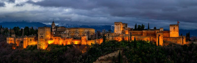 Panoramic Night View of Alhambra Palace Stock Image - Image of moorish ...