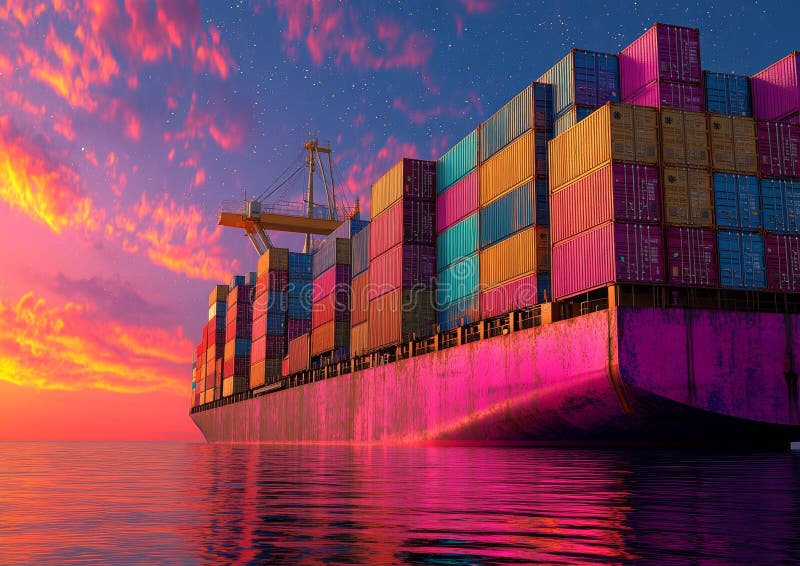 Panoramic Night View Large Container Ship Sailing Sea Stock Photos ...