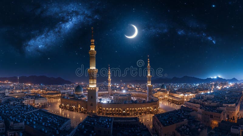 Panoramic Night View of Madina: Bright Lights and Peaceful Atmosphere ...
